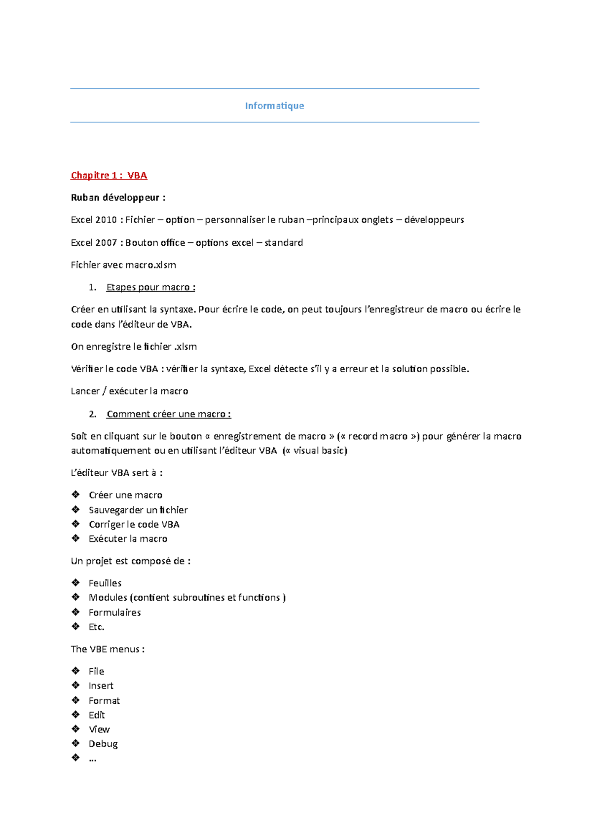 cours d'informatique de La Sorbonne - Informatique Chapitre 1 : VBA ...