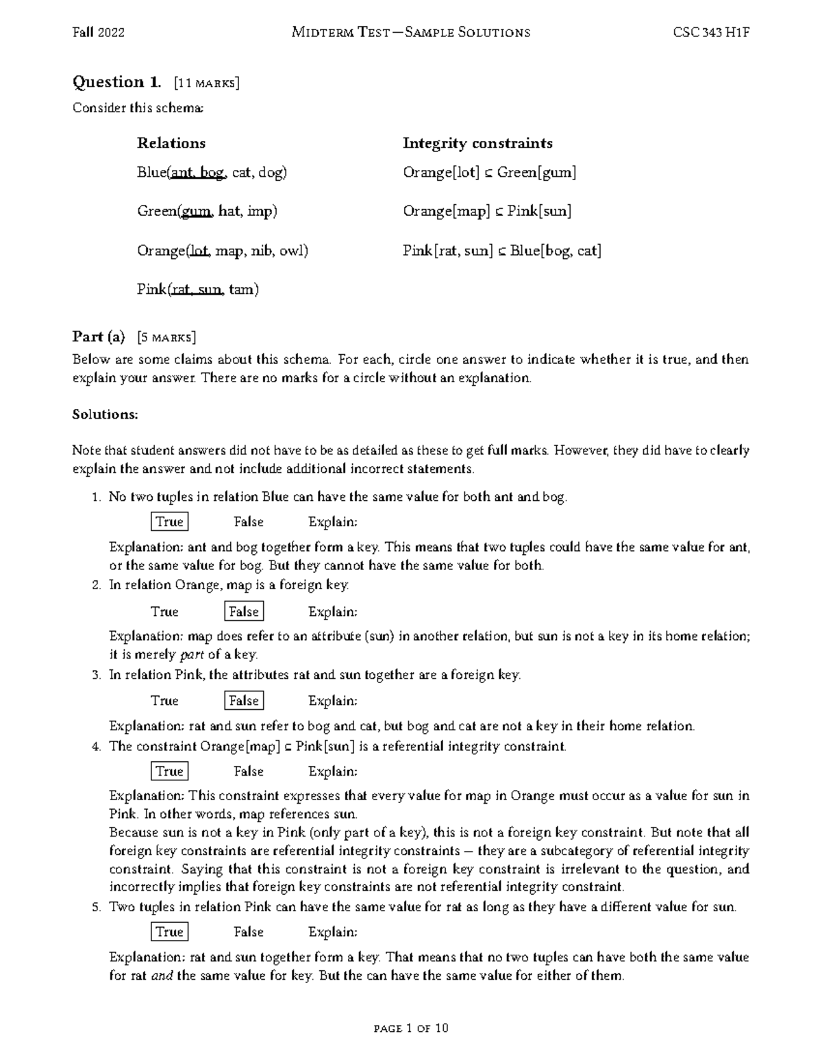 20229 midterm solutions - Fall 2022 Midterm Test—Sample Solutions CSC ...