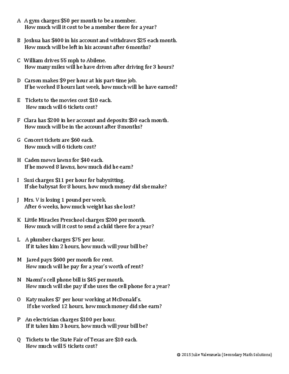Real Life Scenarios List - © 2015 Julie Valenzuela (Secondary Math ...