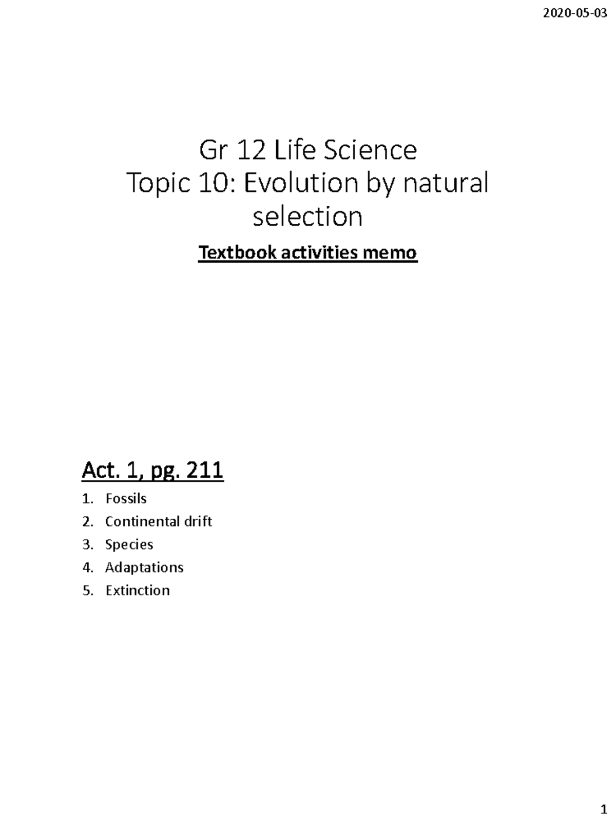 Gr 12 evolution act memo - Gr 12 Life Science Topic 10: Evolution by ...
