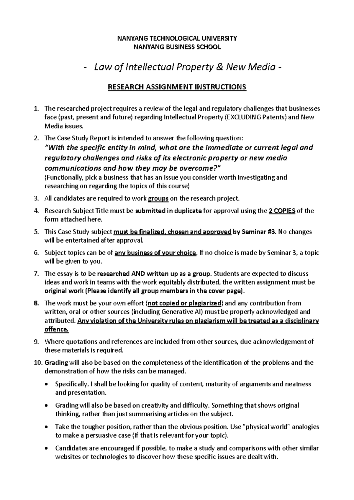 Written Assignment Instructions 2024 - NANYANG TECHNOLOGICAL UNIVERSITY NANYANG BUSINESS SCHOOL ...