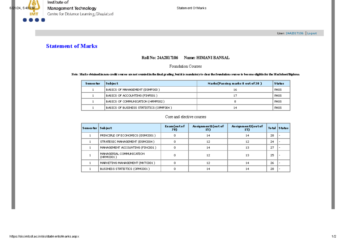 Statement Of Marks - Need practice questions for exam - User ...
