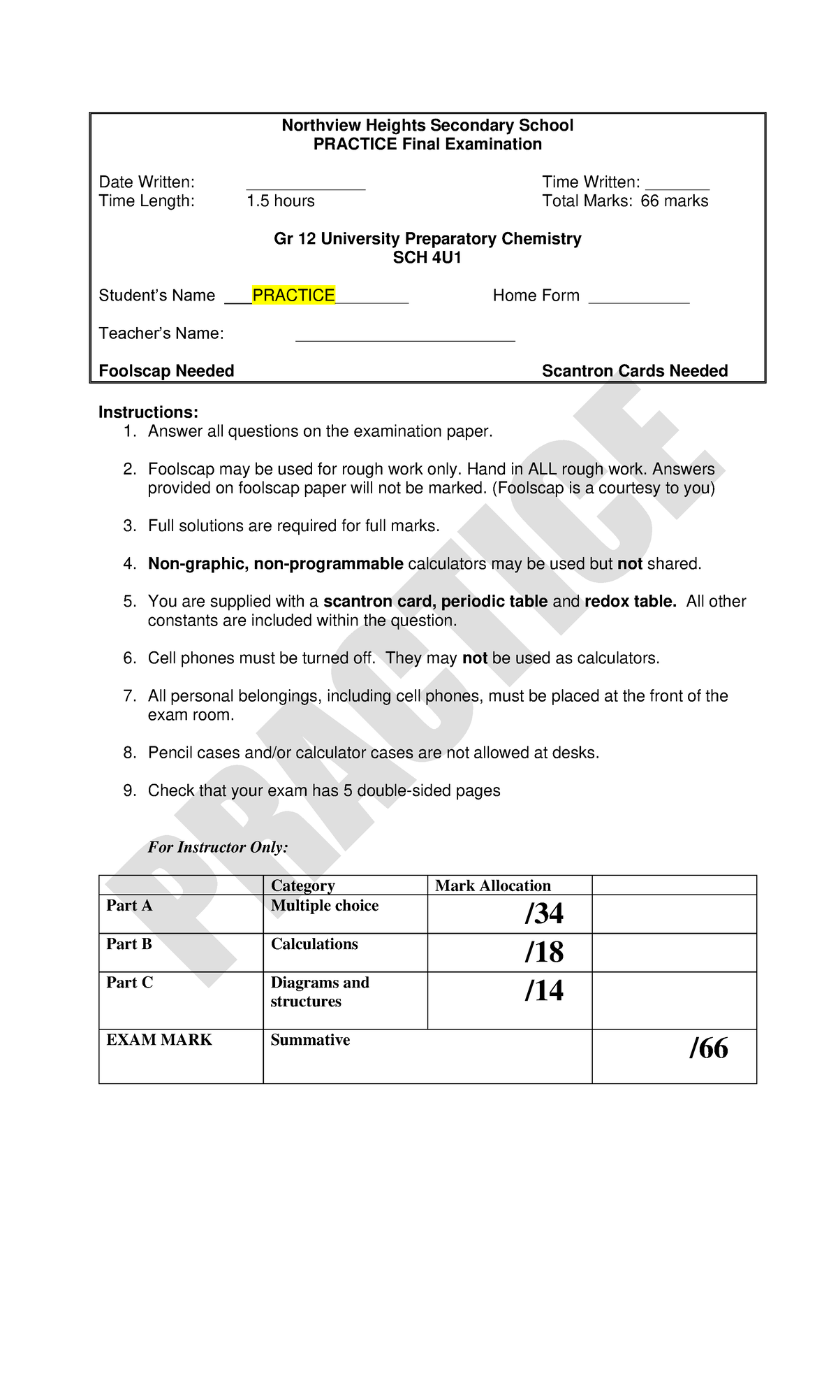 SCH4U Final Exam - Northview Heights Secondary School PRACTICE Final ...