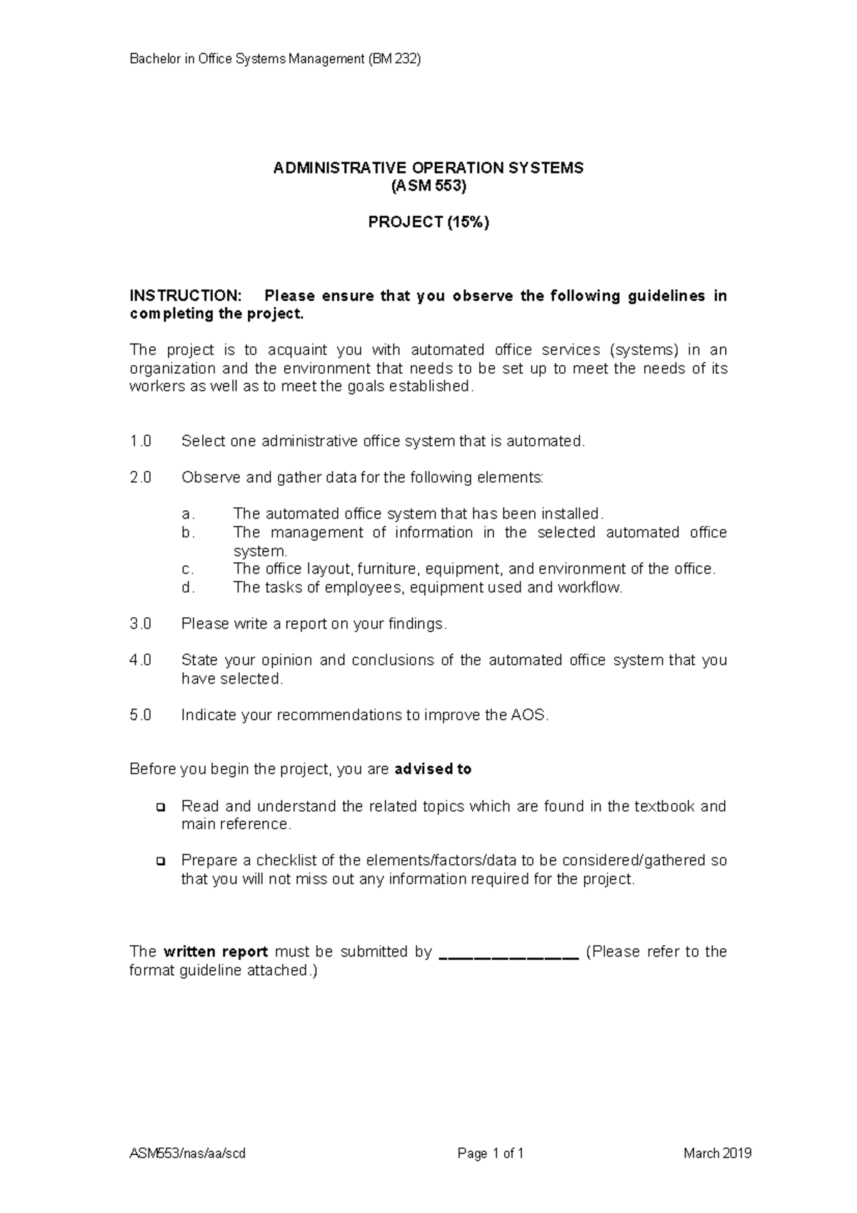 Project ASM553 updated - Bachelor in Office Systems Management (BM 232 ...