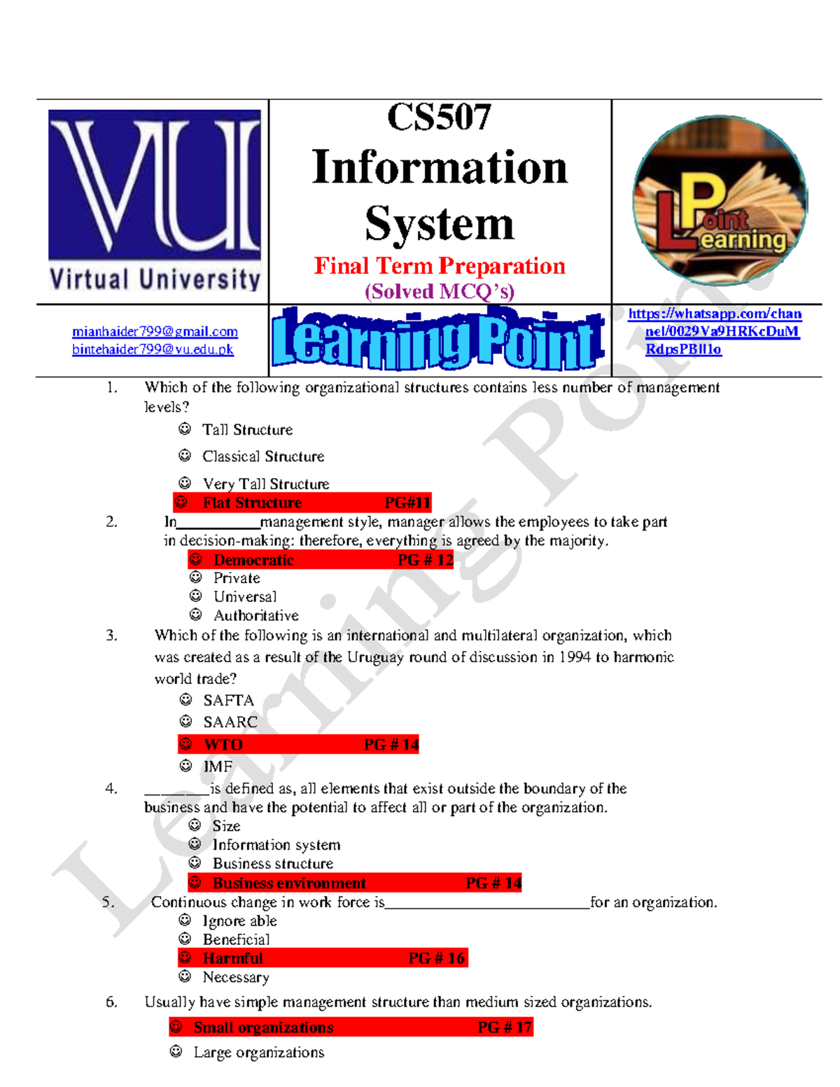 Cs507 Solved Mcqs Final Term By Learning Point Cs Information System Final Term Preparation