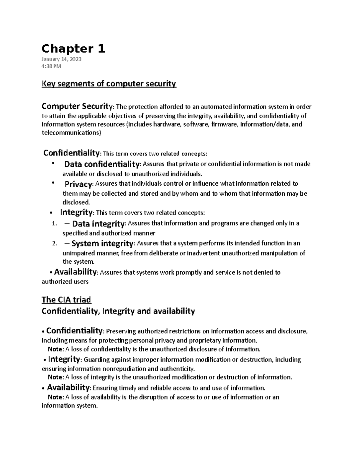Chapter 1 IT 201 - Chapter 1 January 14, 2023 4:38 PM Key segments of computer security Computer ...