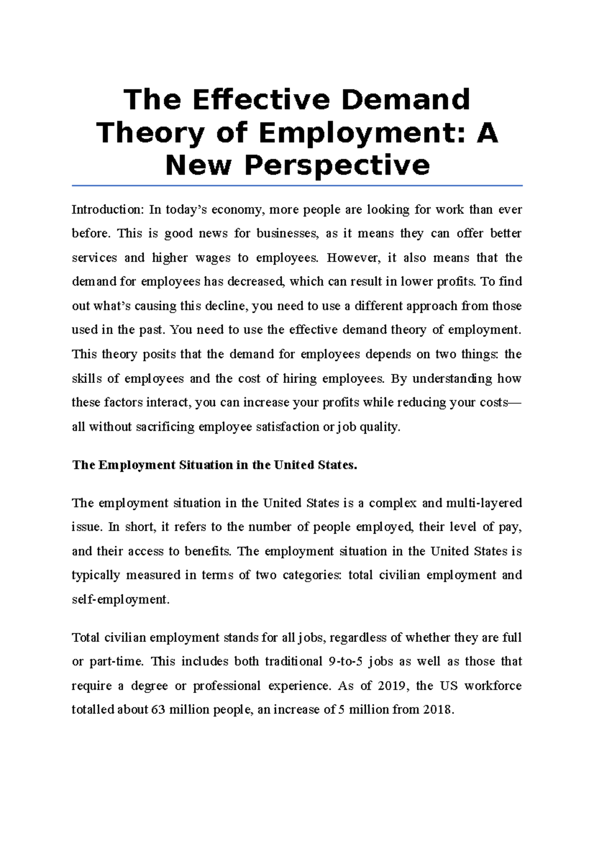 The Effective Demand Theory of Employment, A New Perspective - The ...