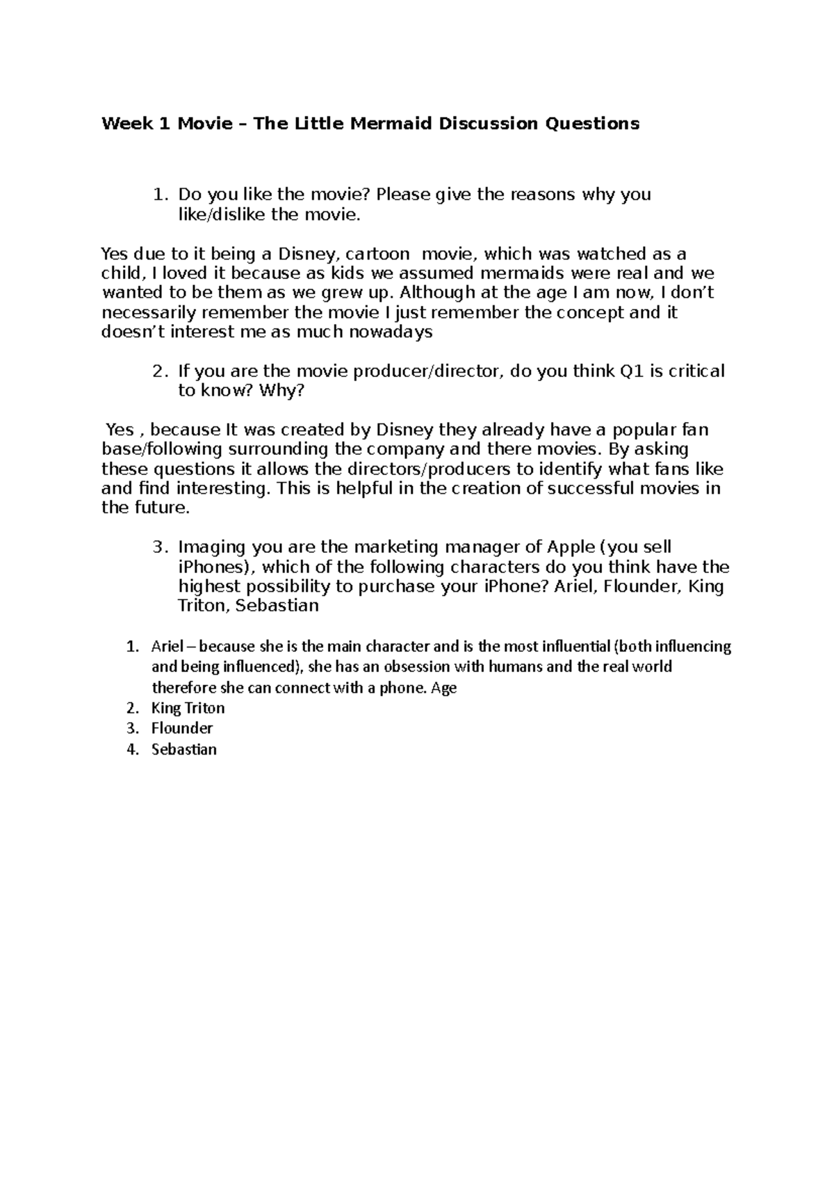 Weekly discussion questions - Week 1 Movie – The Little Mermaid ...
