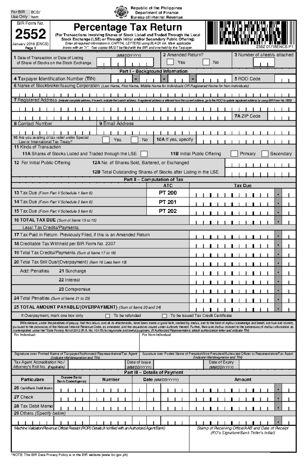 TAX400 BIR Form Percentage Tax Return 2552 - BIR Form No. 2552 January ...