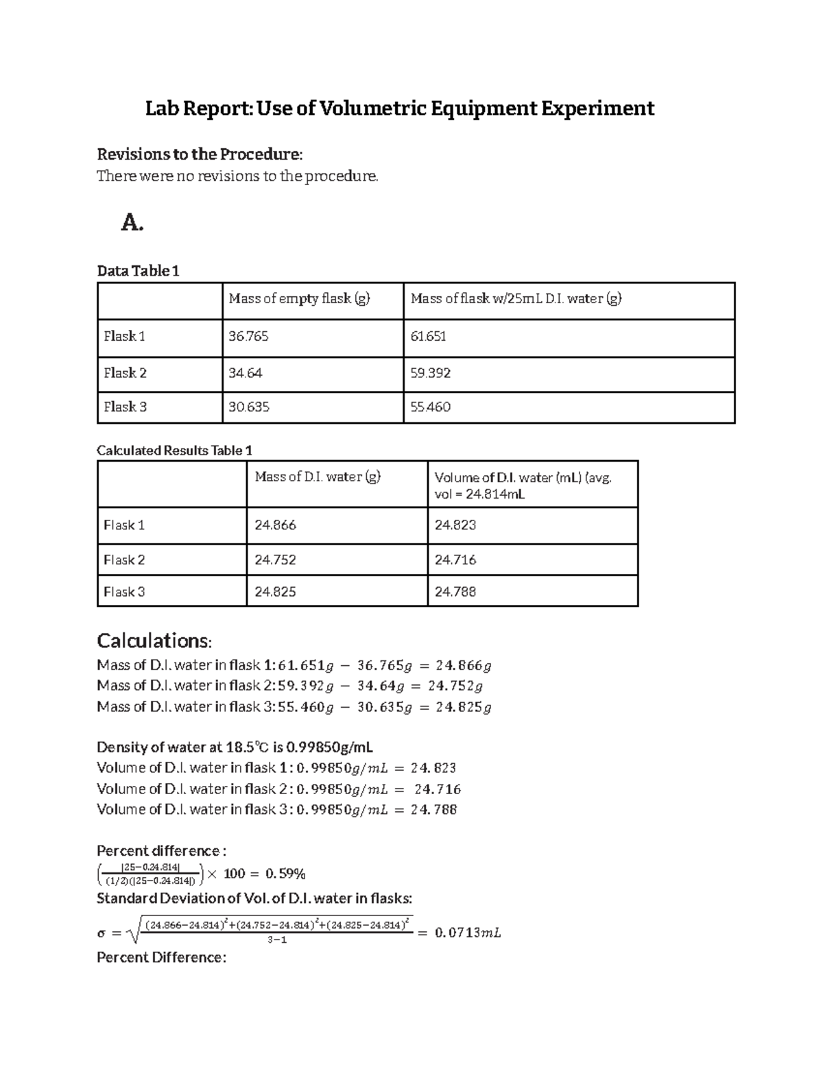Lab Report: Use of Volumetric Equipment Experiment - A. Data Table 1 Mass of empty flask (g ...