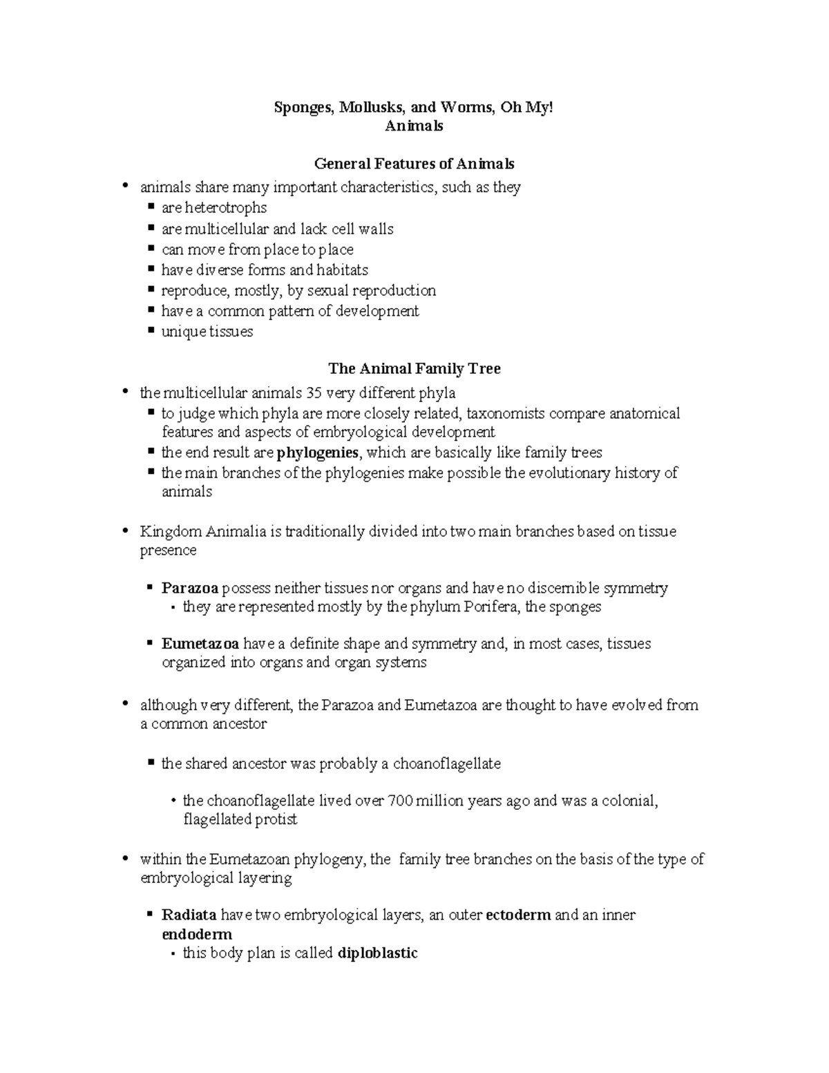 11 Animals lecture notes - Sponges, Mollusks, and Worms, Oh My! Animals ...