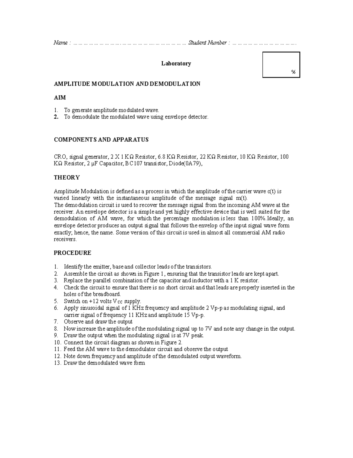 Amplitude Modulation Lab 1 Results - Name : - Studocu
