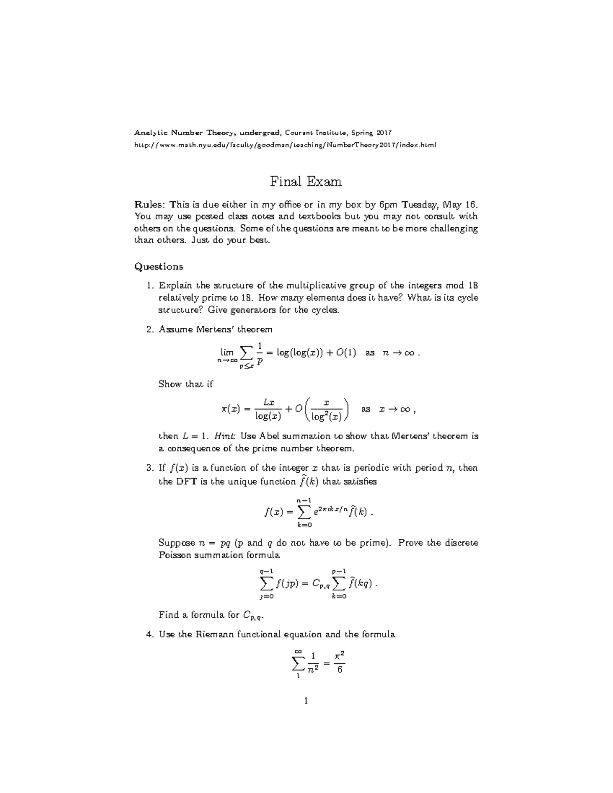 Final Exam - Analytic Number Theory, undergrad, Courant Institute ...