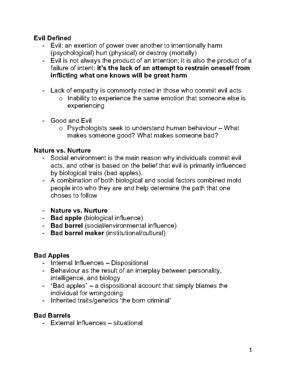 Psychology of Evil Test Notes - Evil Defined - Evil: an exertion of ...