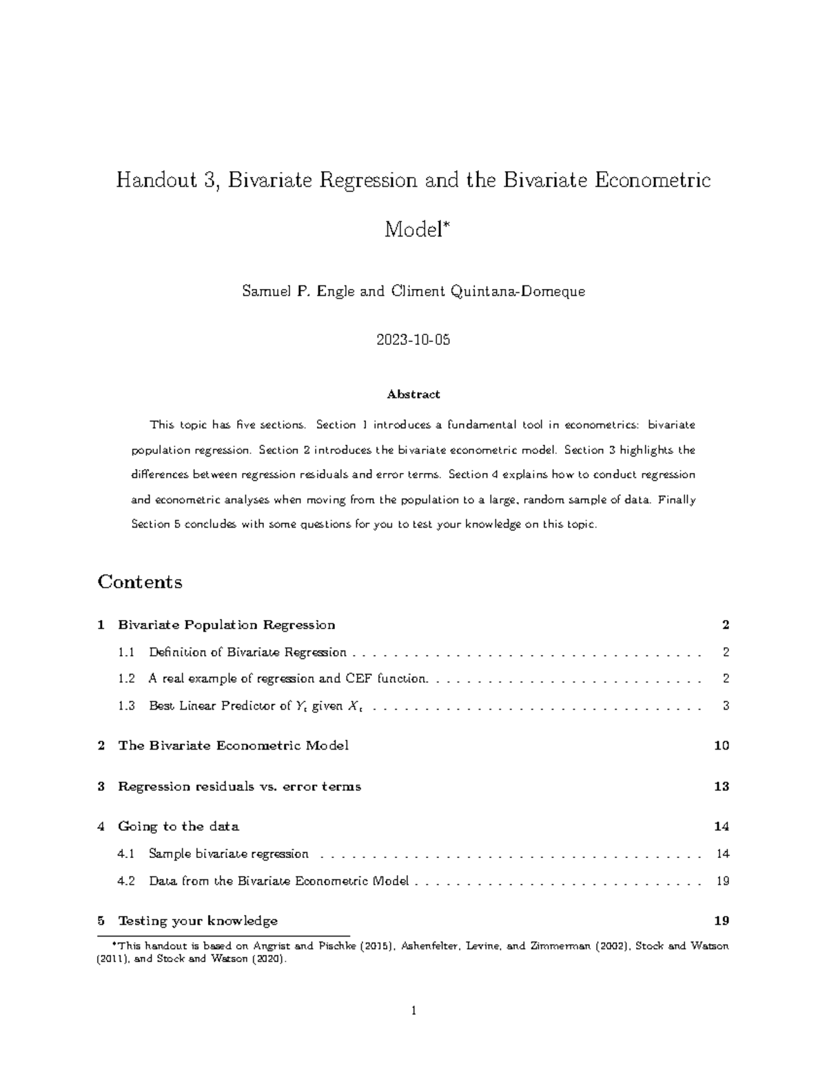 03-bivariate regression - Handout 3, Bivariate Regression and the Bivariate Econometric Model∗ ...