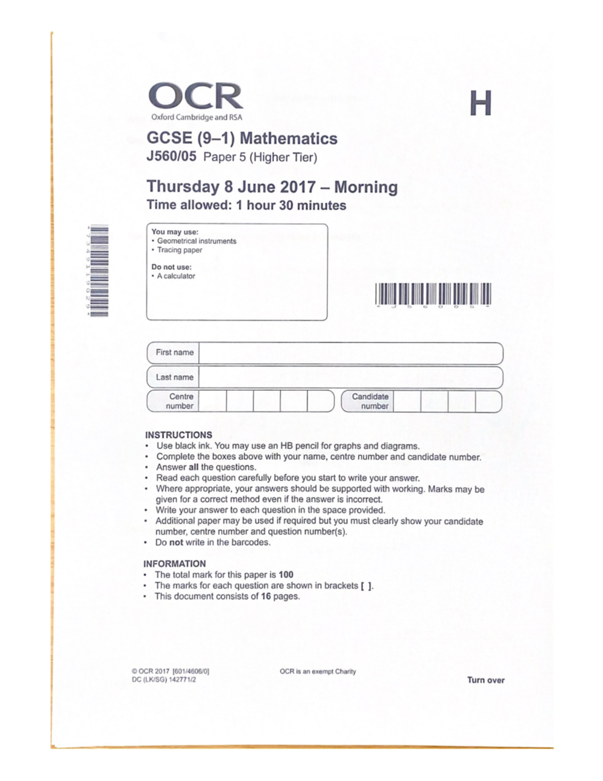 OCR June 2017 Paper 5 H - math lecture notes and practice material and ...