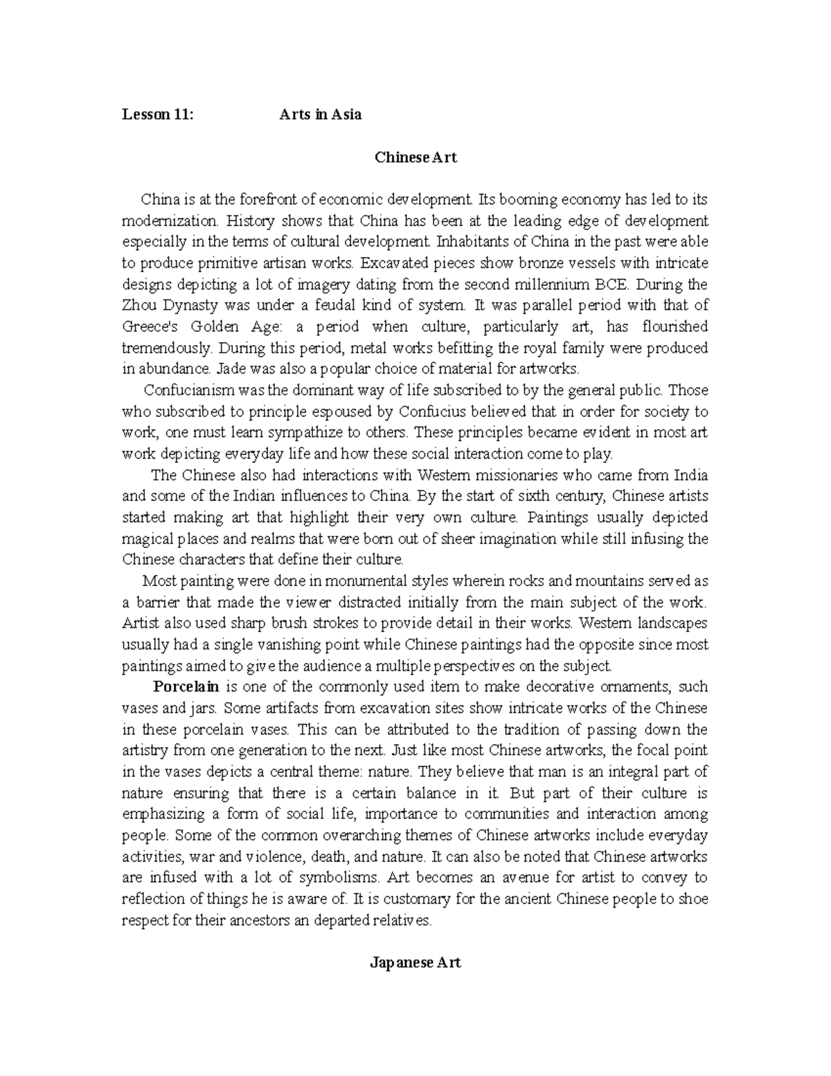Pdfcoffee - Lesson 11: Arts in Asia Chinese Art China is at the ...