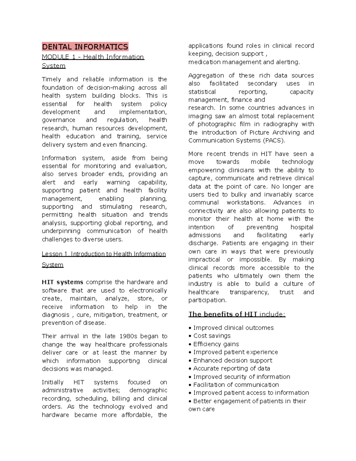 Dental Informatics Module 1 Notes - DENTAL INFORMATICS MODULE 1 ...