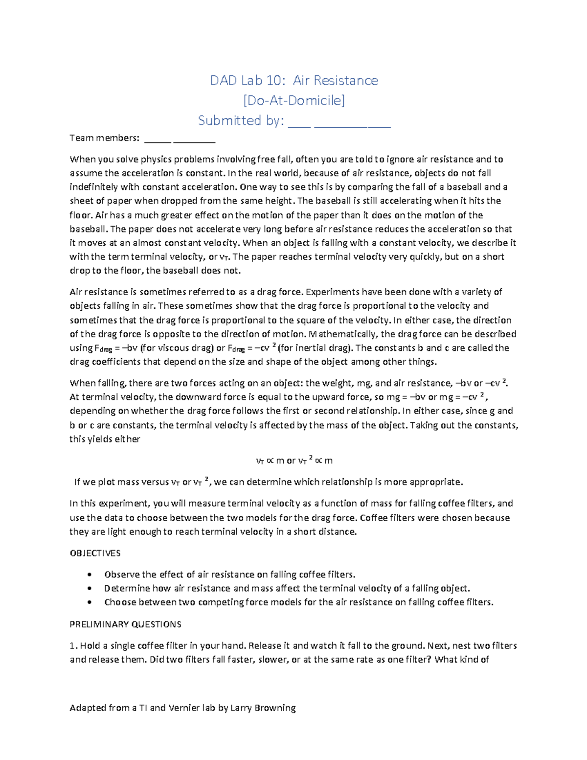 DAD Lab 10 Air Resistance - DAD Lab 10: Air Resistance [Do-At-Domicile ...