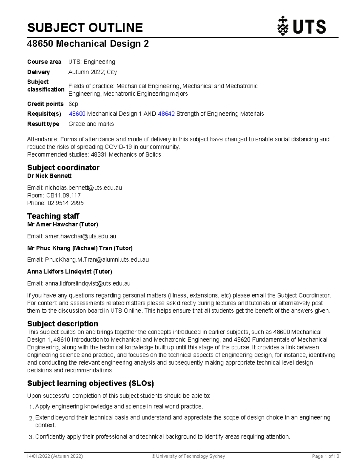 Md2 outline - 55ffd - SUBJECT OUTLINE 48650 Mechanical Design 2 ...