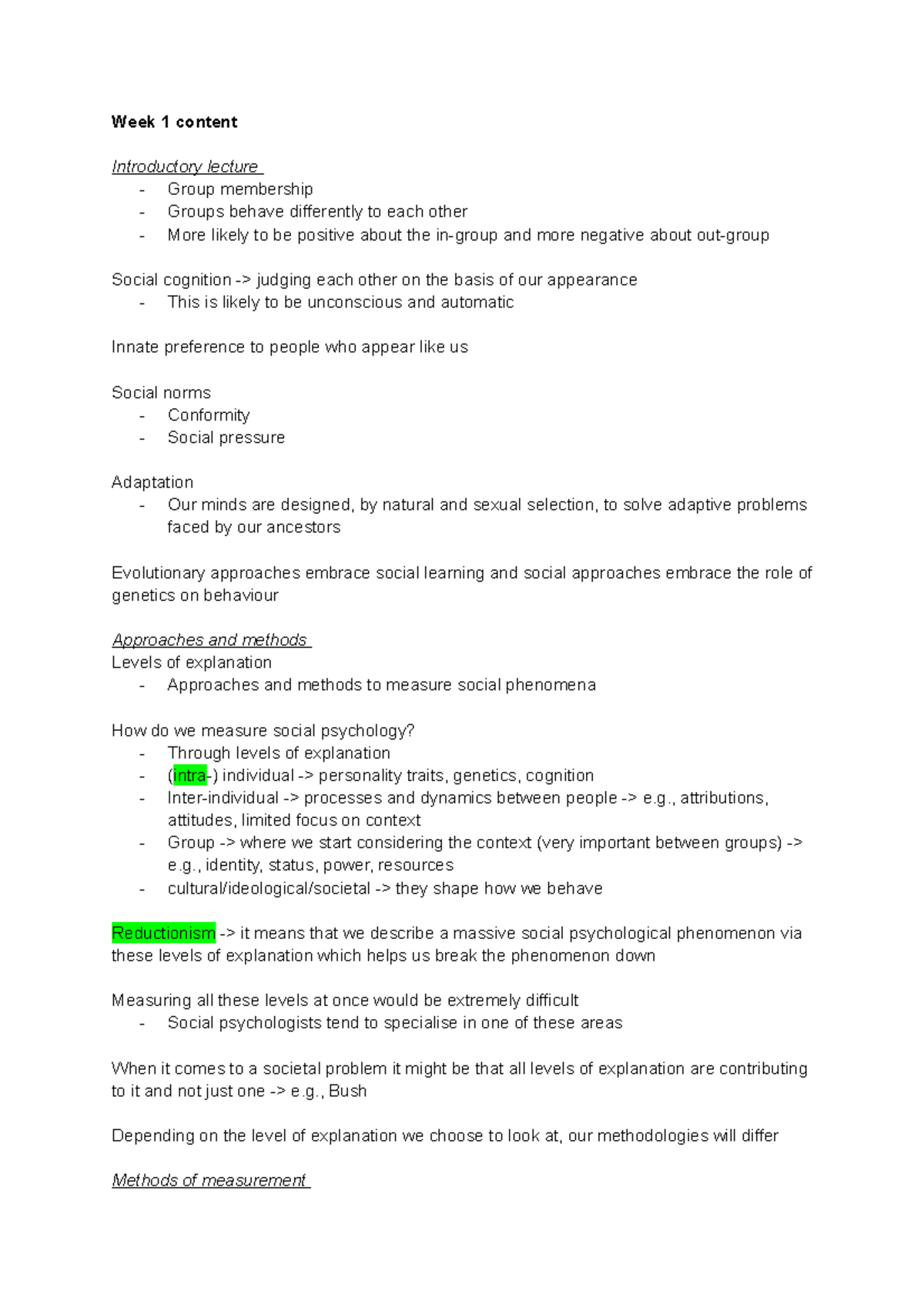 Social psychology week 1 content - Week 1 content Introductory lecture ...