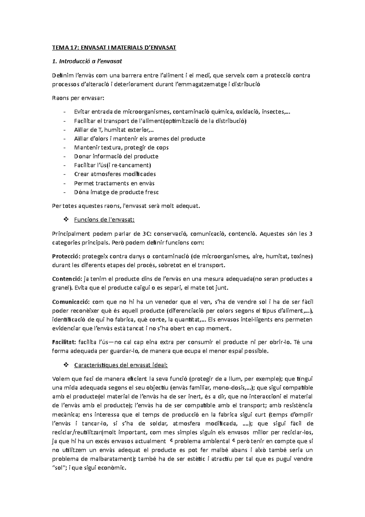 Apunts Resum metodes TQS Tema 17 Bloc 1 Part 1 cat-docx - TEMA 17: ENVASAT I MATERIALS D’ENVASAT ...