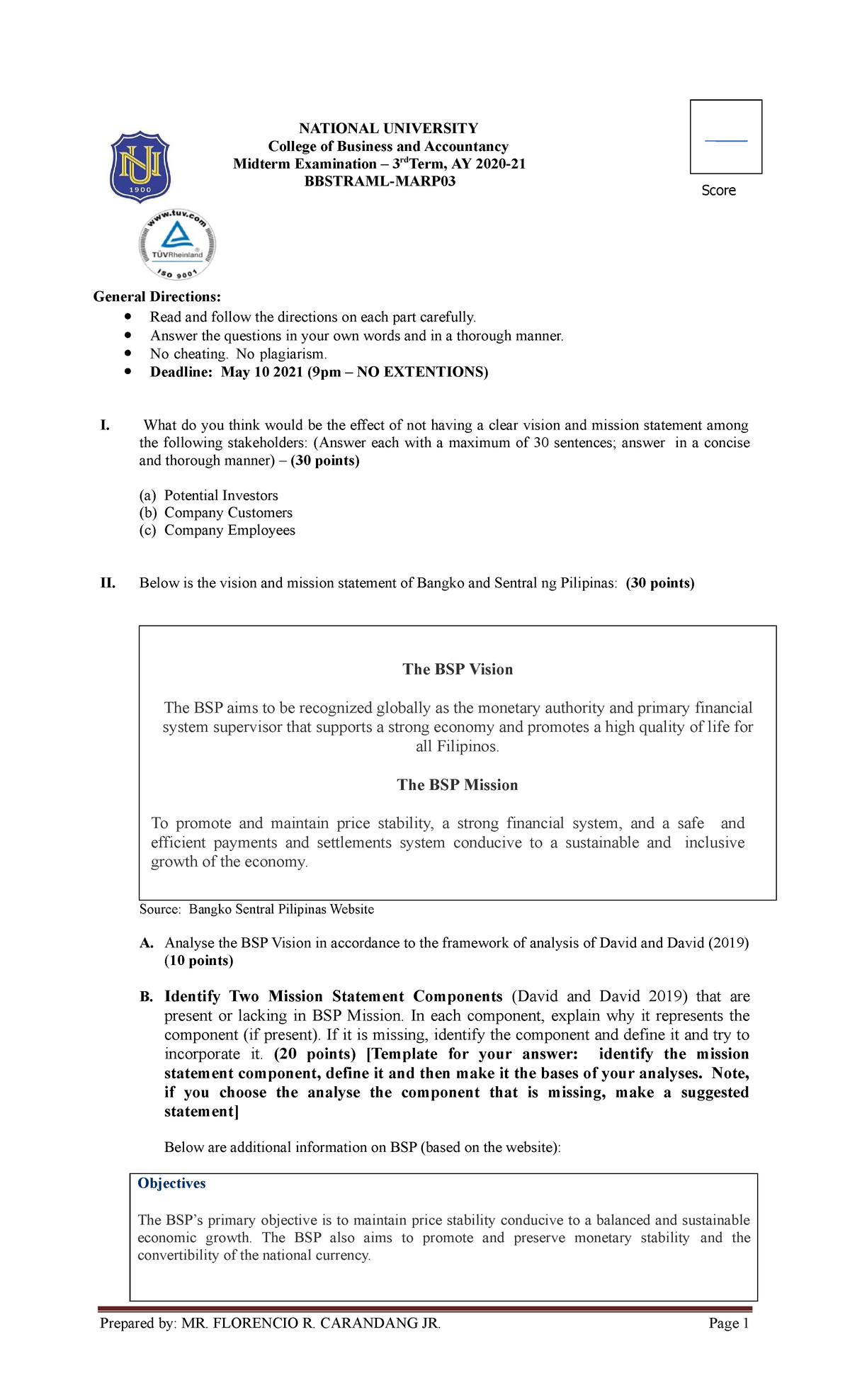 Strategic Management, BSBA FINANCIAL MANAGEMENT - NATIONAL UNIVERSITY ...