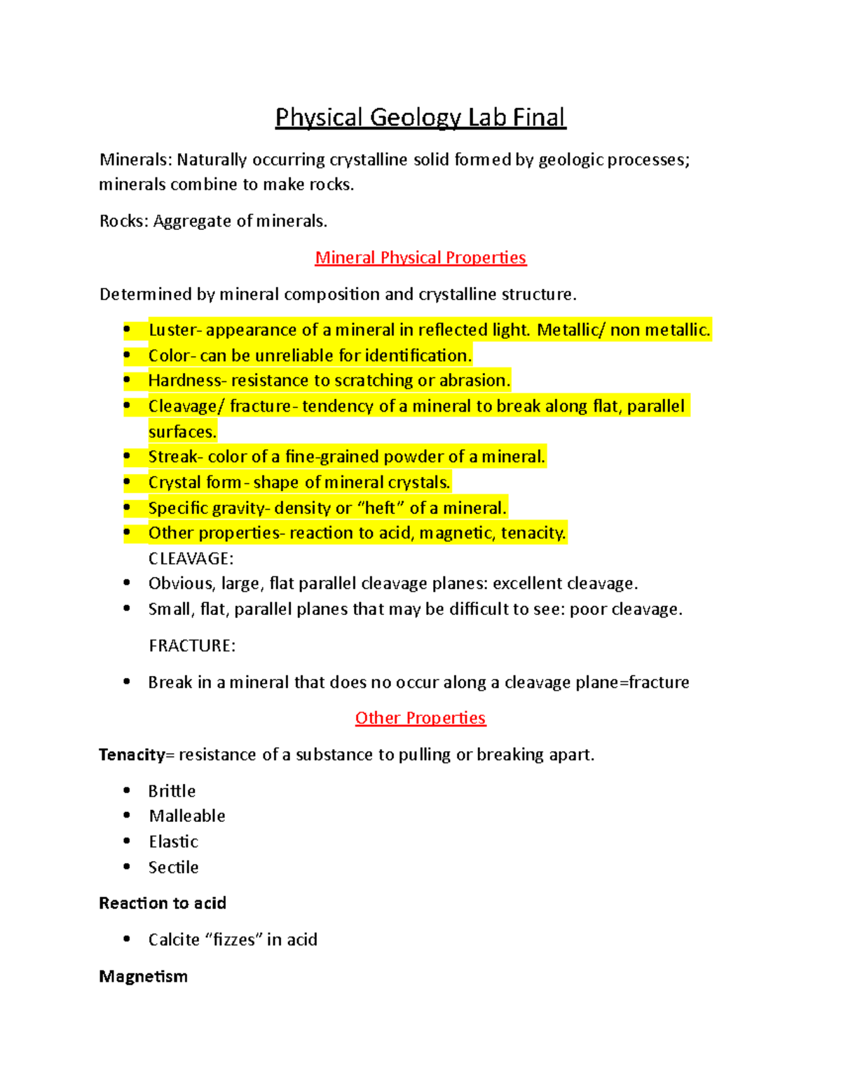 Physical Geology Lab Final - Physical Geology Lab Final Minerals ...
