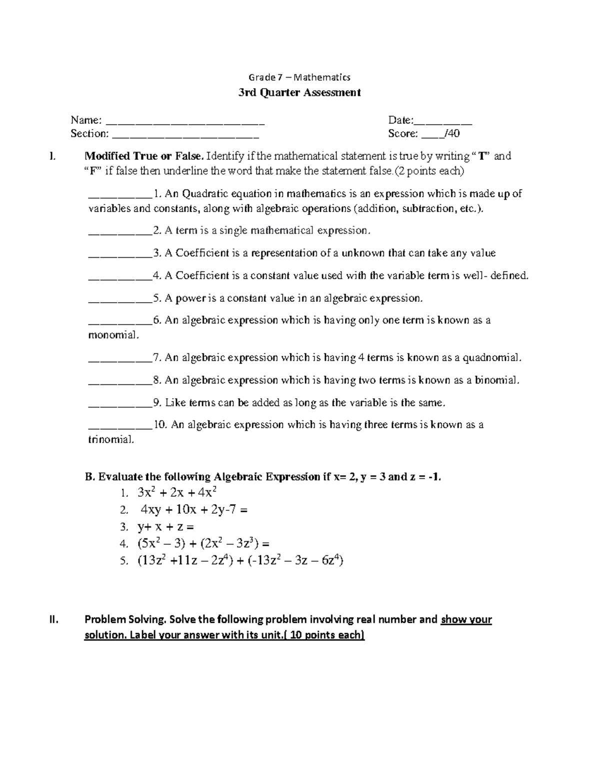 Math 7 - MATH 7 - Grade 7 – Mathematics 3rd Quarter Assessment Name