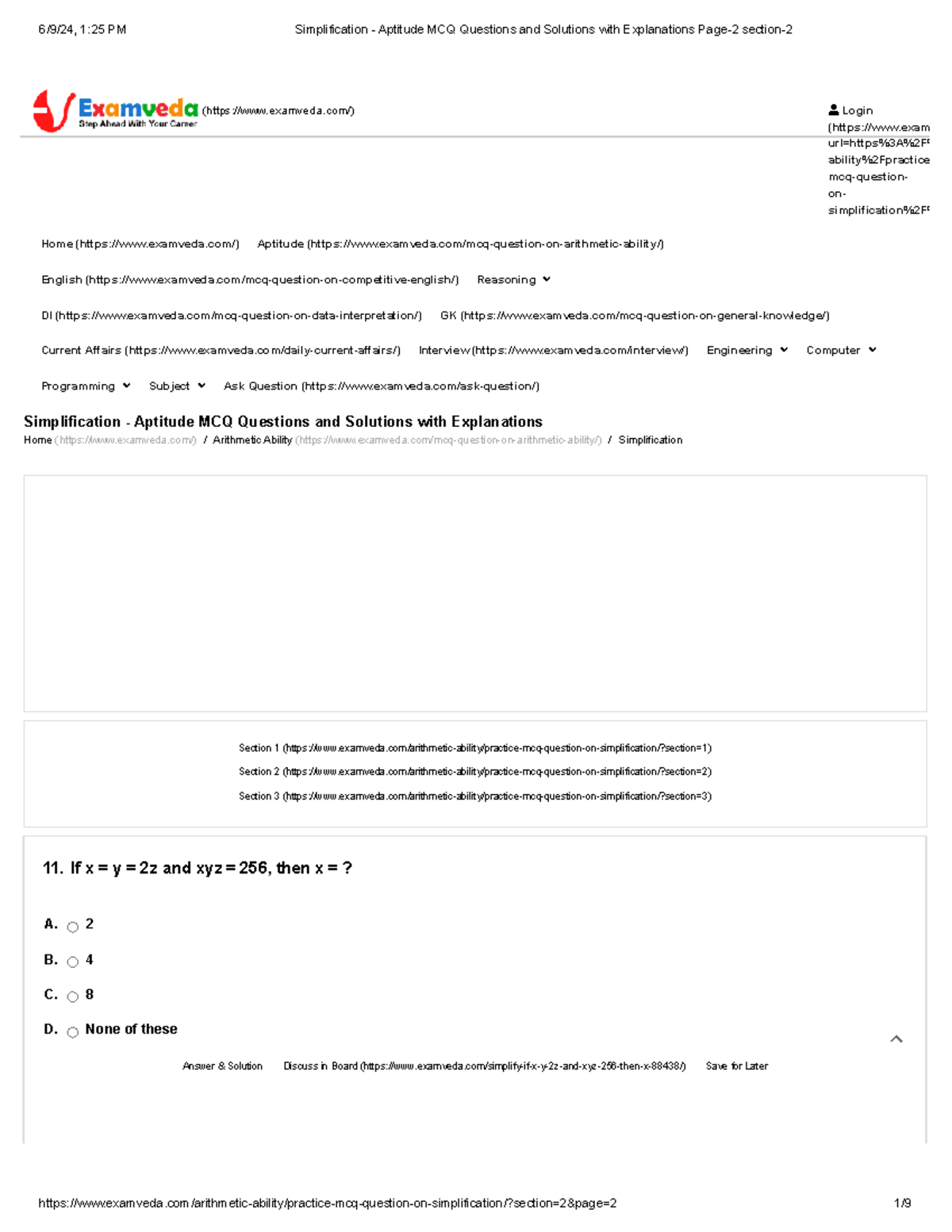 Simplification - Aptitude MCQ Questions and Solutions with Explanations Page-2 section-2 (11-20 ...