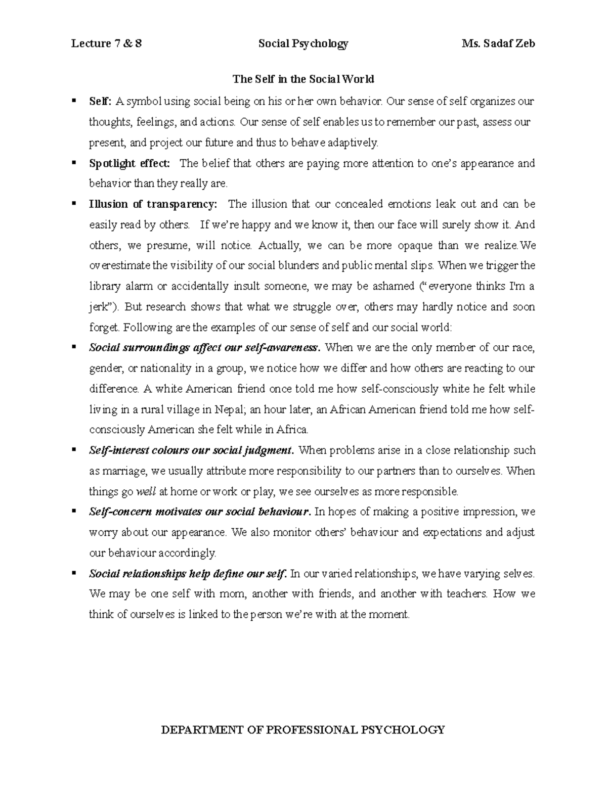 Lecture 7,8 The Self - The Self in the Social World Self: A symbol ...