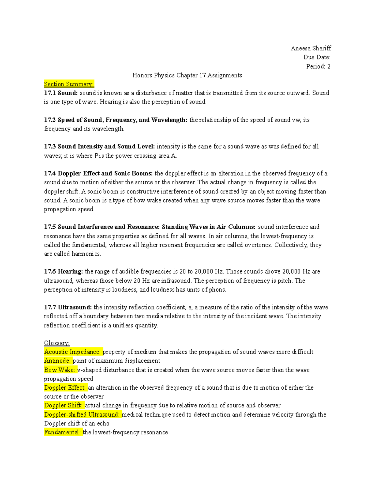 Physics Chapter 17 Assignments - Aneesa Shariff Due Date:Period: 2 Section Summary: Honors ...