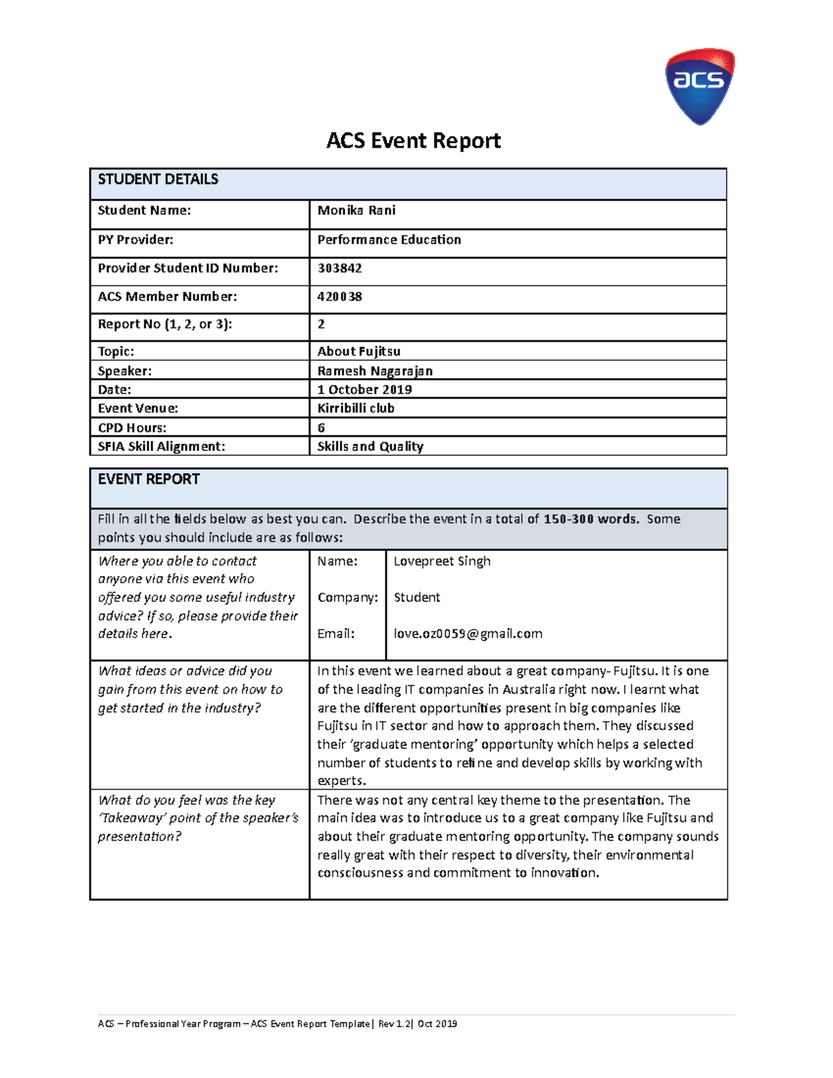 454141671 ACS Event Report 2 docx - ACS Event Report STUDENT DETAILS Student Name: Monika Rani ...