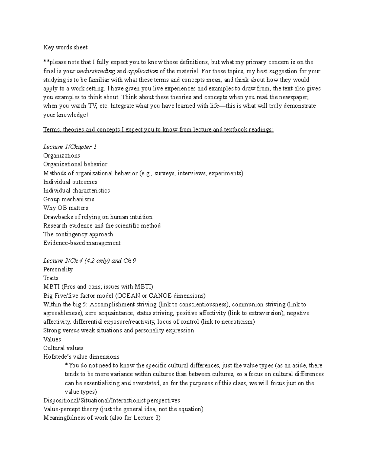 260 Key words sheet 2024 - Key words sheet **please note that I fully ...