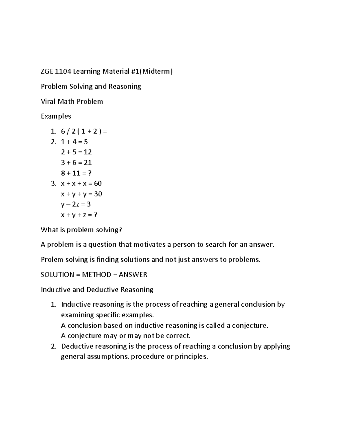 ZGE 1104 Learning Material #1(Midterm) - ZGE 1104 Learning Material #1(Midterm) Problem Solving ...