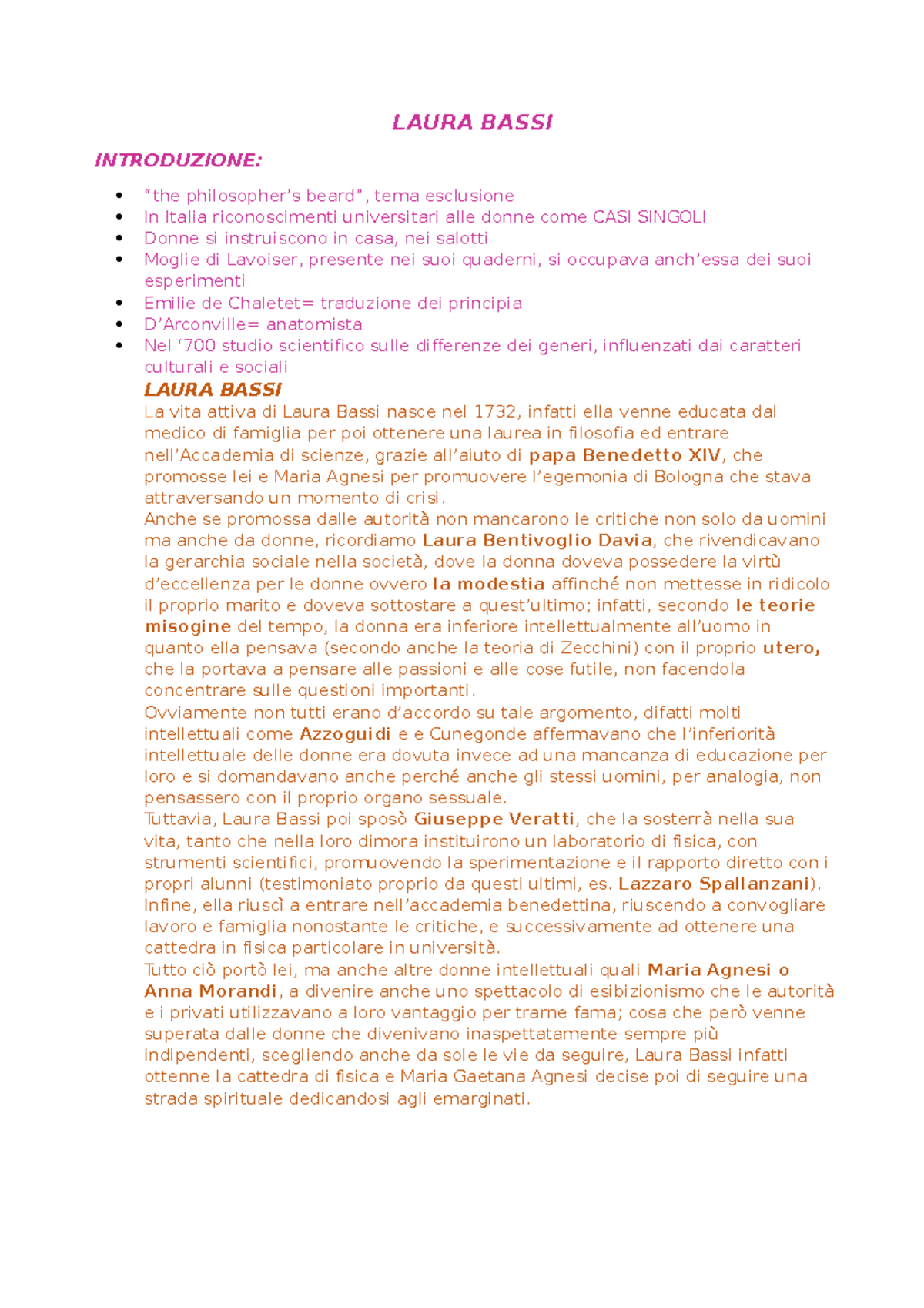 Laura bassi - riassunto - LAURA BASSI INTRODUZIONE: “the philosopher’s beard”, tema esclusione ...