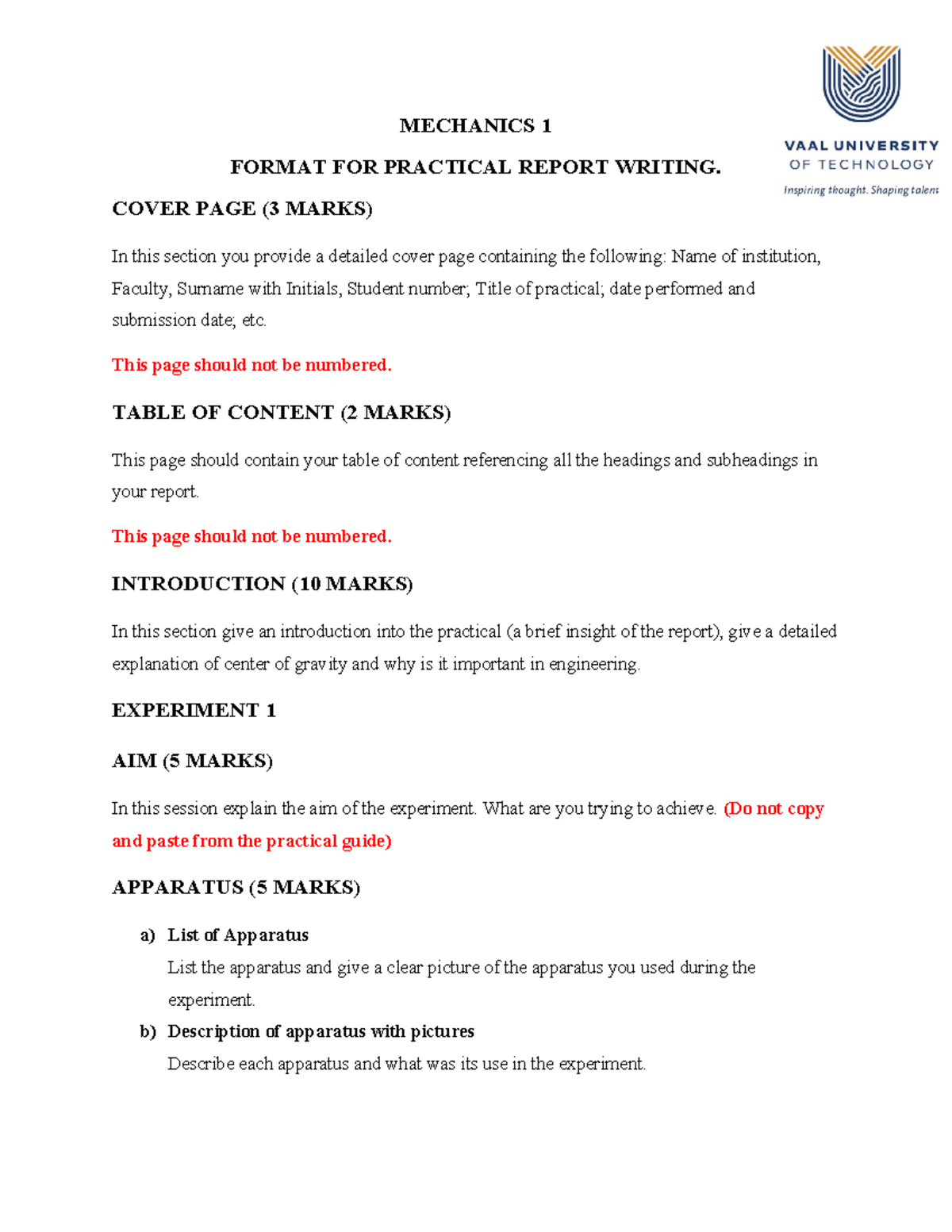 Mechanics 1 report writing - MECHANICS 1 FORMAT FOR PRACTICAL REPORT ...