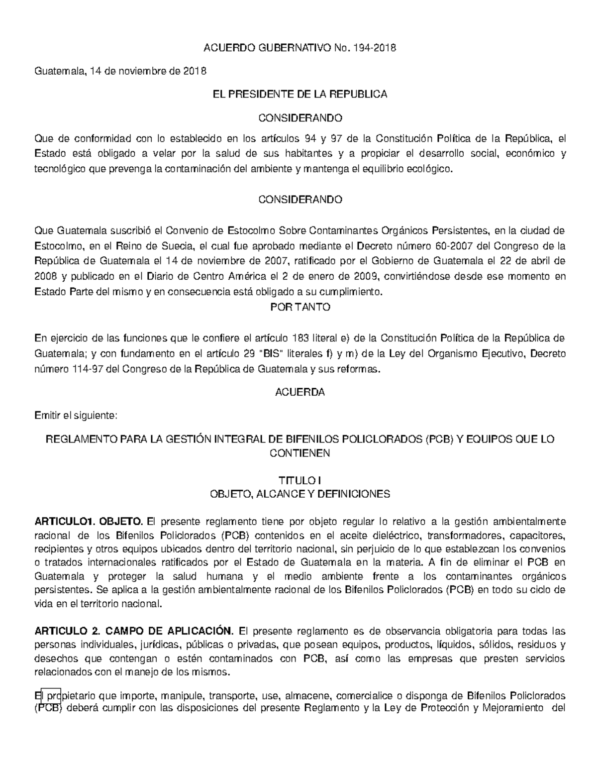 Acuerdo Gubernativo 194-2018-PCB´S - ACUERDO GUBERNATIVO No. 194 ...