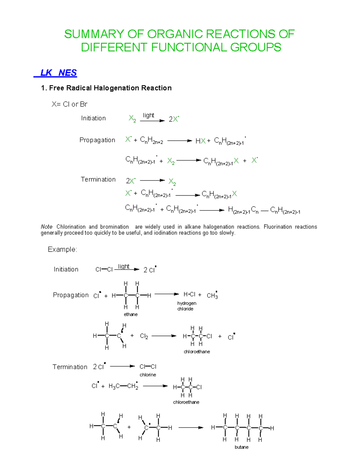 Summary of Organic Reactions of Different Functional Groups - SUMMARY OF ORGANIC REACTIONS OF ...