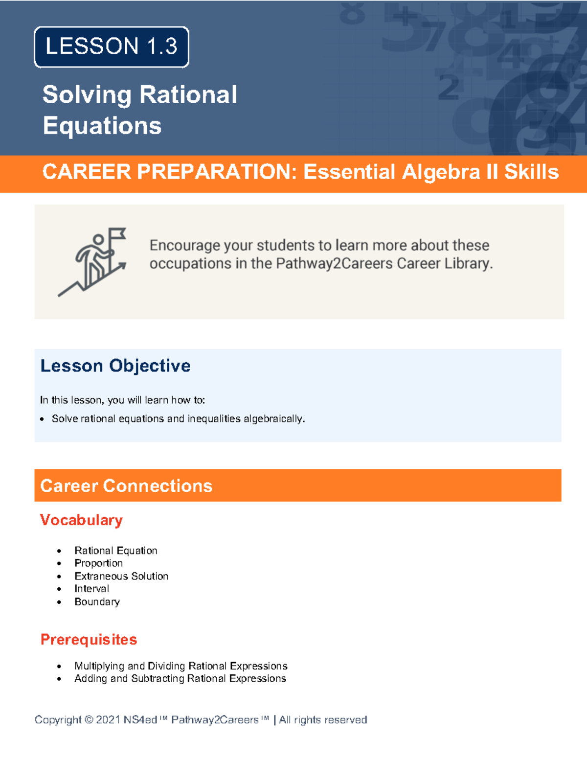 1.3 Solving Rational Equations TE - CAREER PREPARATION: Essential Algebra II Skills Lesson ...