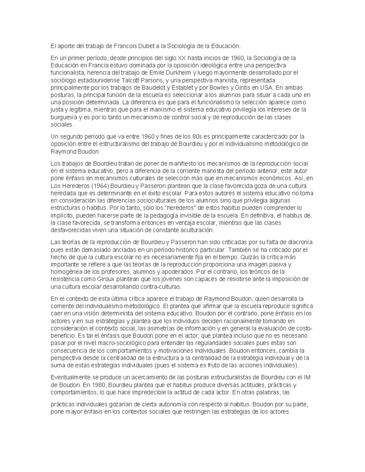 Resumen texto de Dubet - El aporte del trabajo de Francois Dubet a la ...