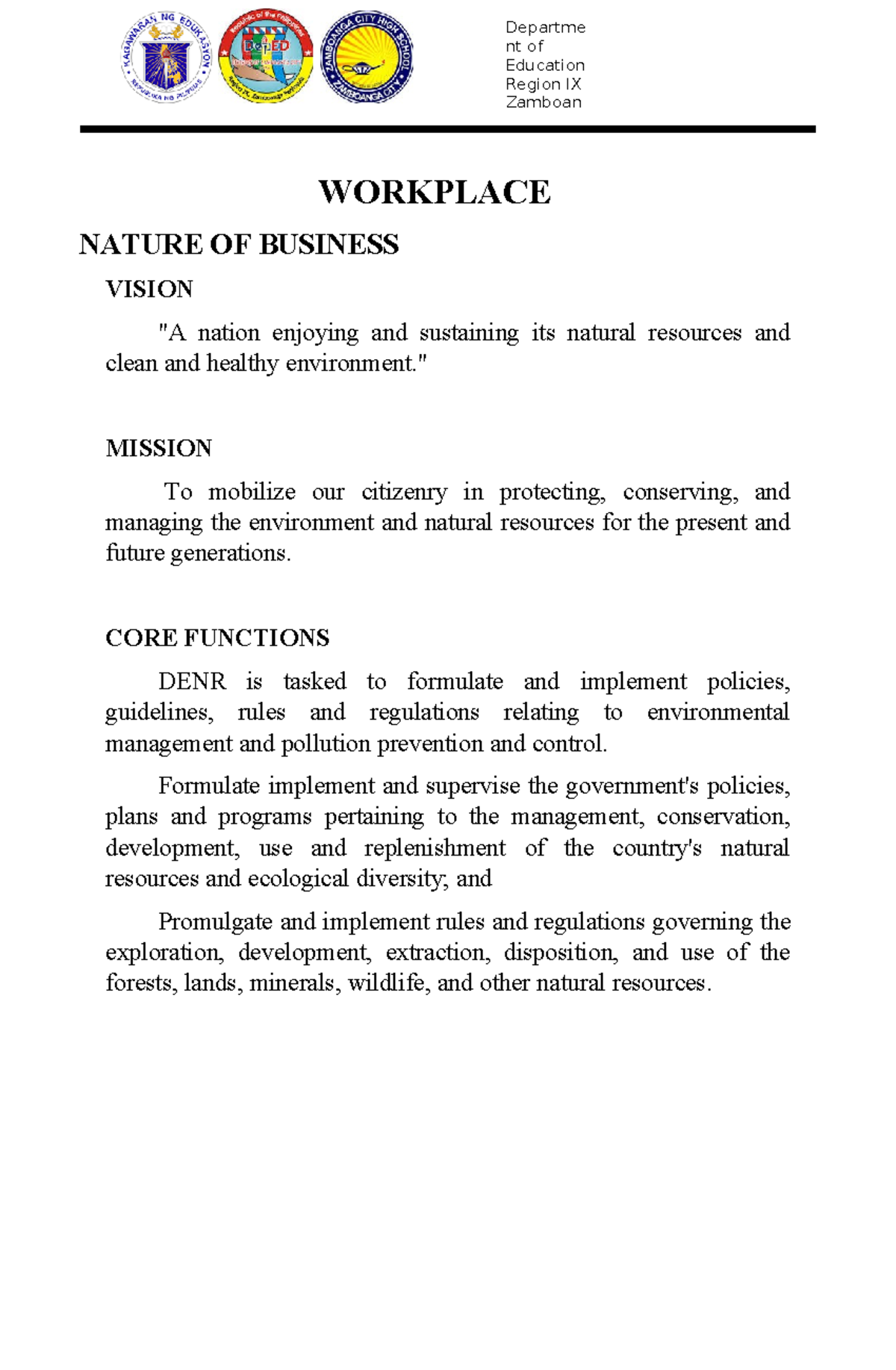 Nature-OF- Business - nt of Education Region IX Zamboan ga WORKPLACE ...