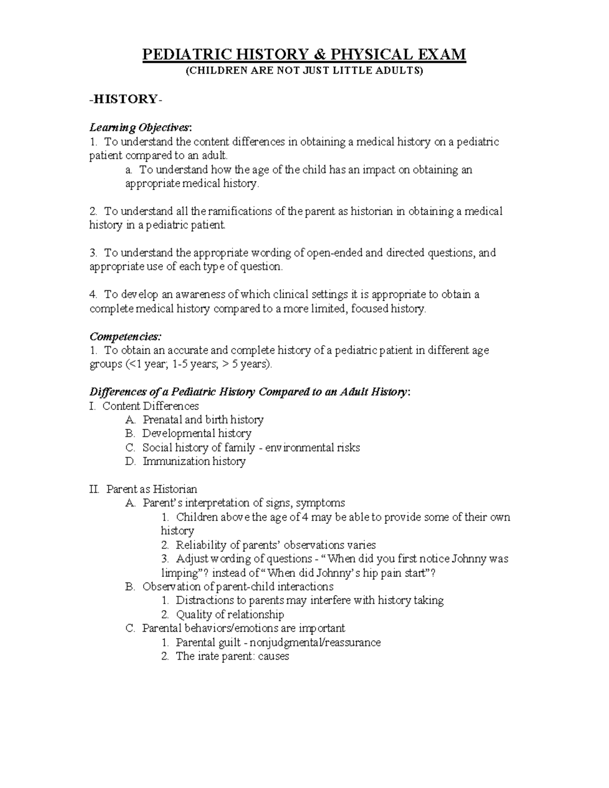 Pediatric Hx PE - TFN1 - PEDIATRIC HISTORY & PHYSICAL EXAM (CHILDREN ...