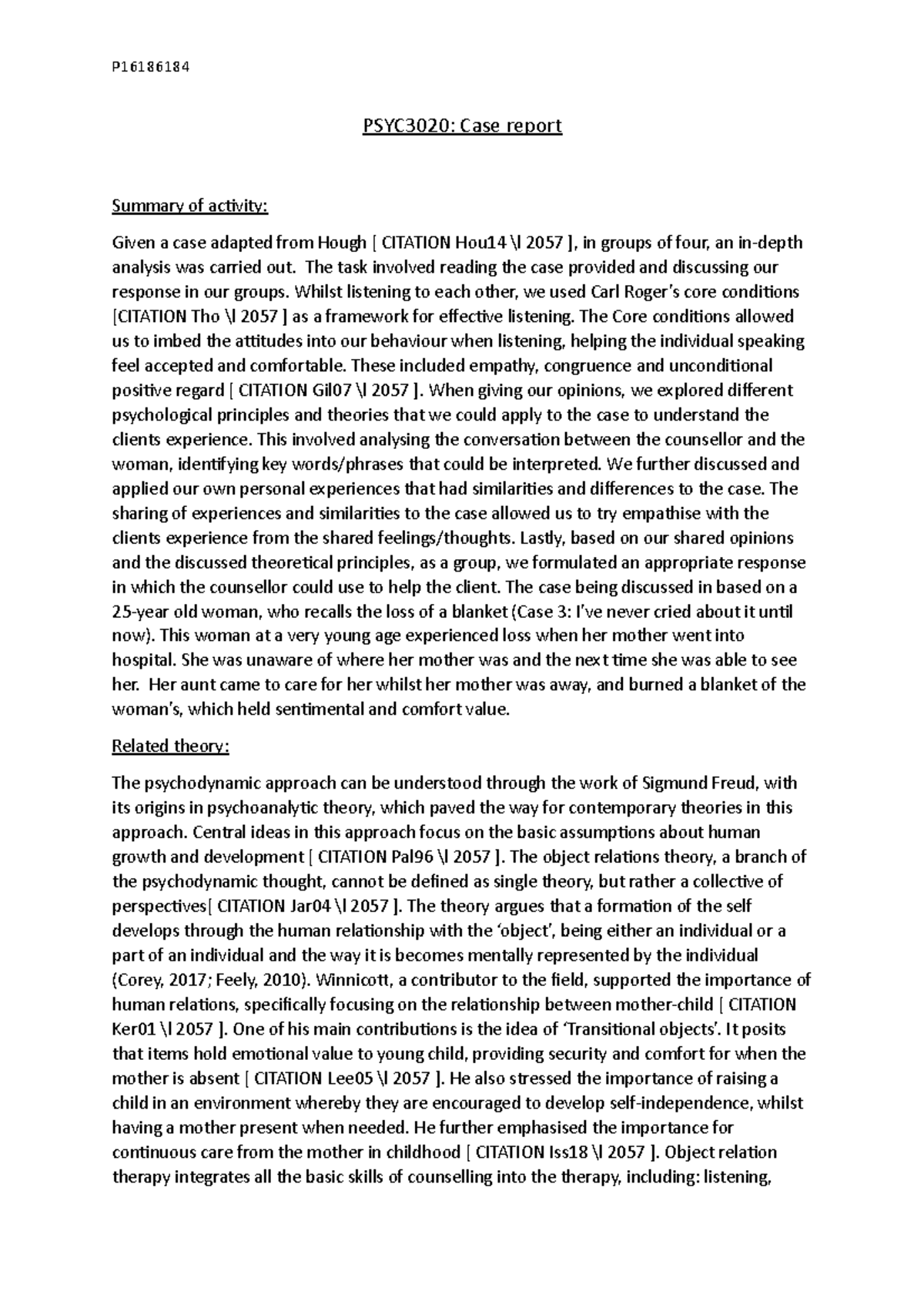 Counselling psychology - PSYC3020: Case report Summary of activity ...