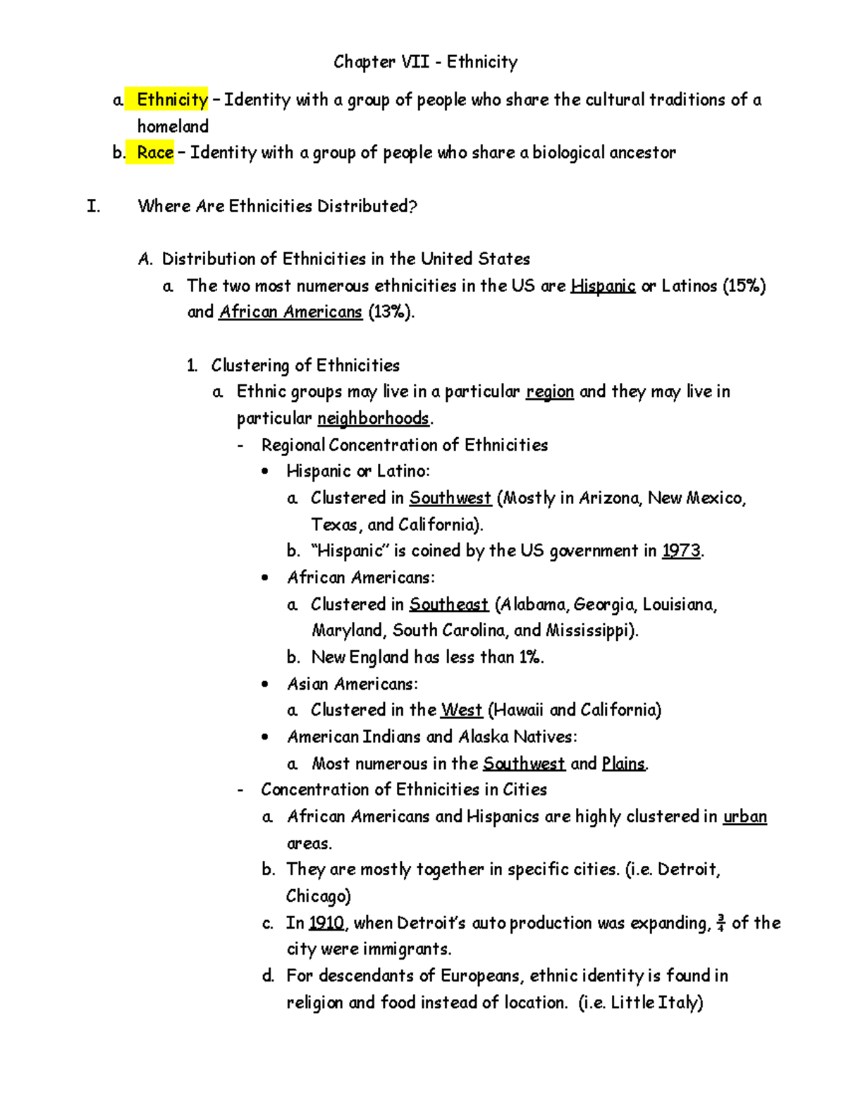 Chapter 7 outline notes - Chapter VII - Ethnicity a. Ethnicity ...