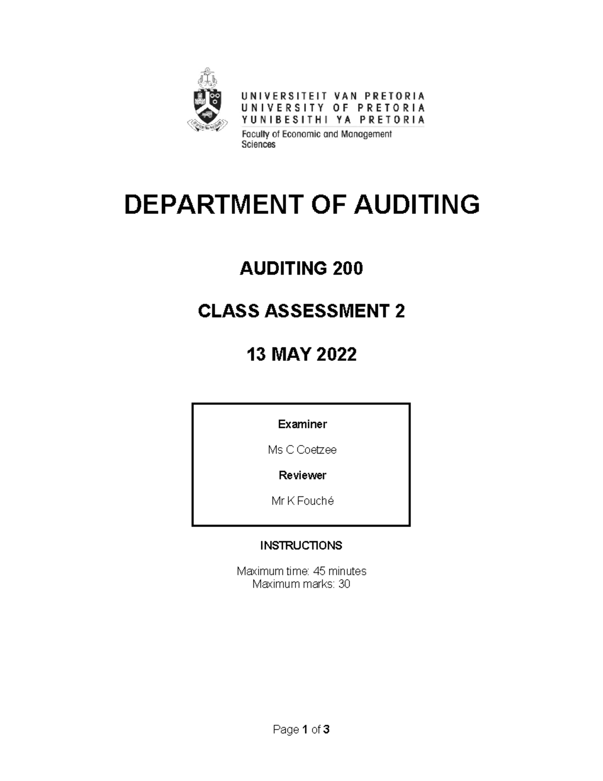 ODT 200 Class assessment 2 - Page 1 of 3 DEPARTMENT OF AUDITING ...