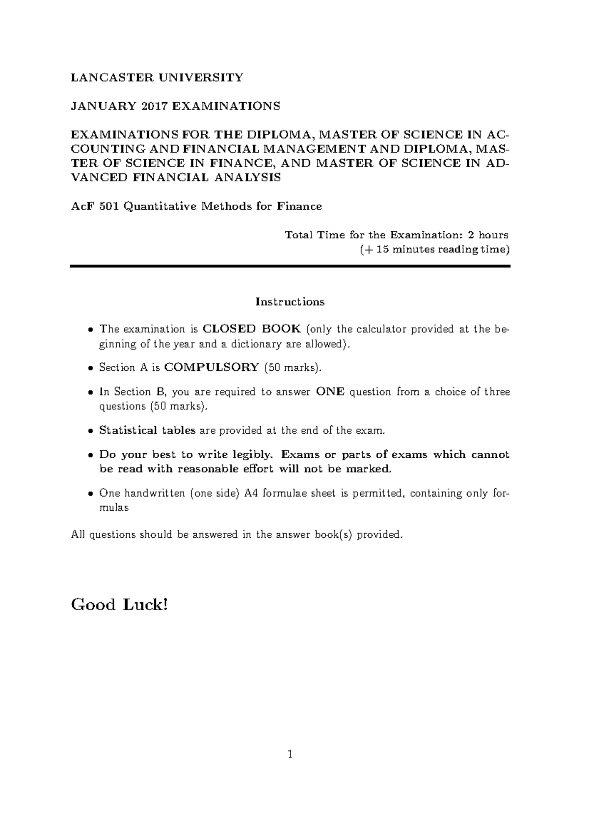 AcF501_Exam 2017 - LANCASTER UNIVERSITY JANUARY 2017 EXAMINATIONS ...