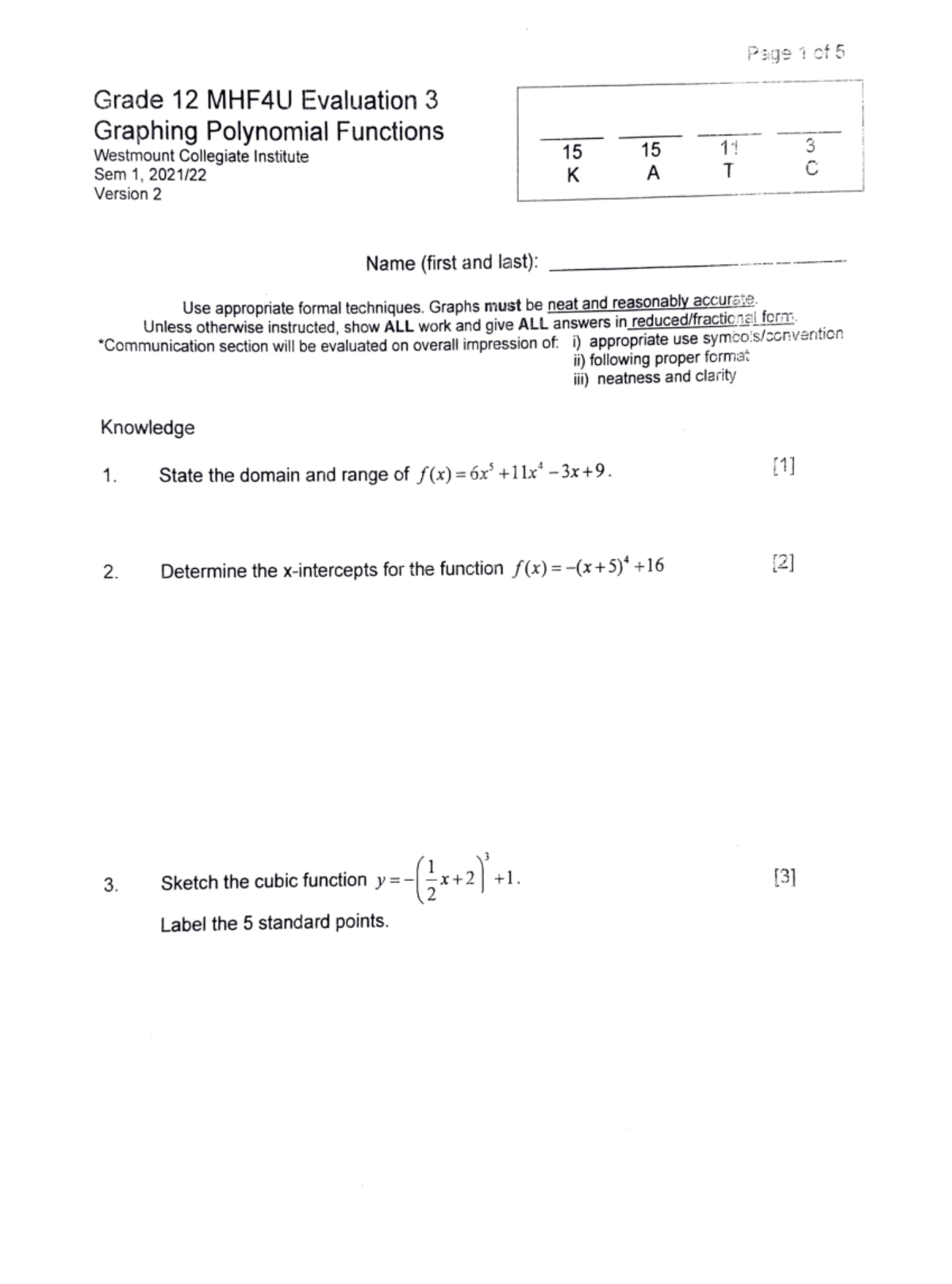 Test 3 Empty Copy - Page 1 cf 5 Grade 12 MHF4U Evaluation 3 Graphing ...