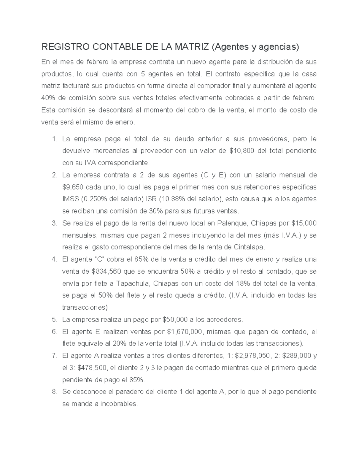 2. Registro Contable DE LA Matriz - REGISTRO CONTABLE DE LA MATRIZ ...