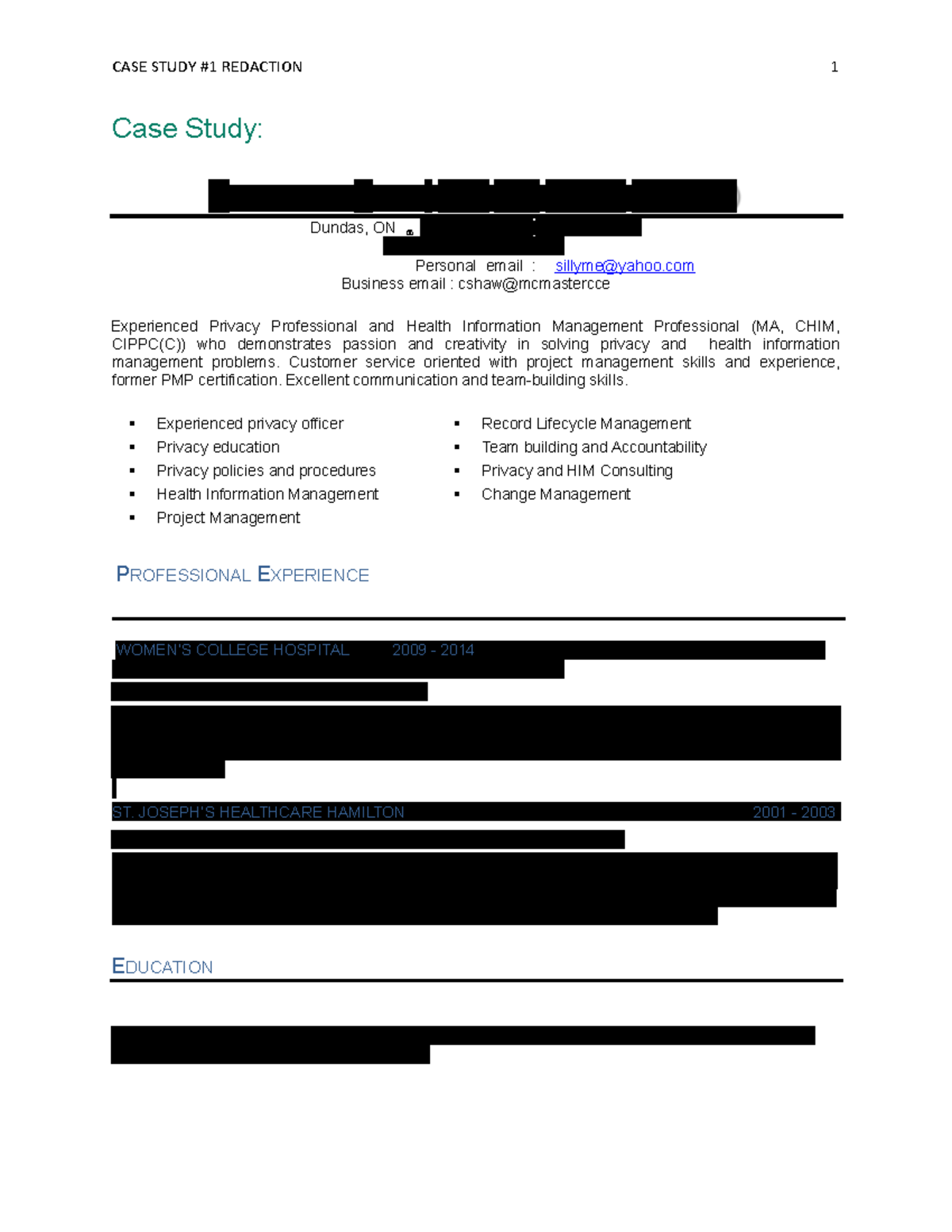 Case Study #1 Redaction - Case Study: CHARMAINE SHAW, MA, BA, CHIM ...